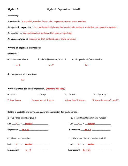 Algebra I Algebraic Expressions Notes!!! - Sharyland ISD