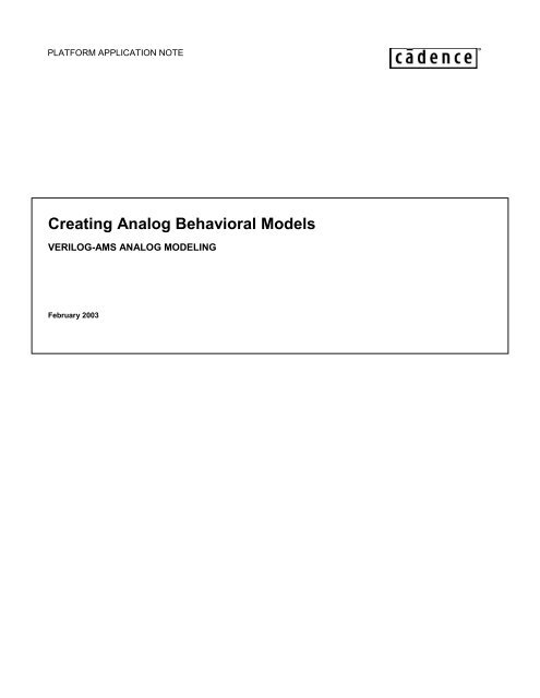 Creating Analog Behavioral Models Cadence Cadence Design