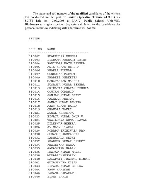 The name and roll number of the qualified candidates of the written ...