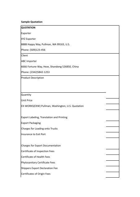 Sample Quotation QUOTATION Exporter XYZ Exporter 8888 Happy ...