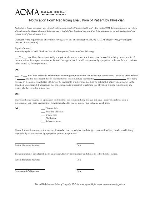 Notification Form Regarding Evaluation of Patient by Physician