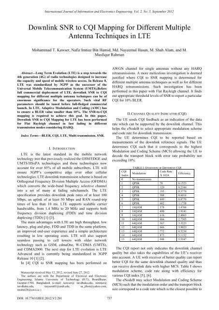 Downlink SNR to CQI Mapping for Different Multiple Antenna - ijiee