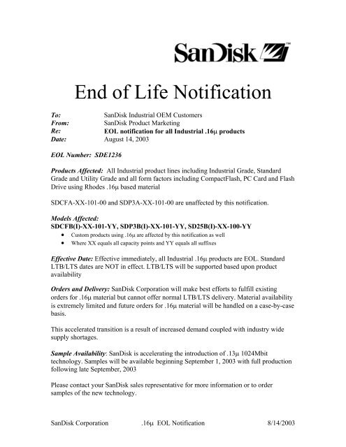 End Of Life Notification for all Industrial .16Âµm products (PDF â 168 ...