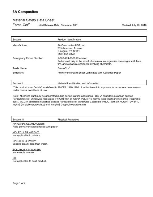 3A Composites Material Safety Data Sheet Fome-Cor - Pioneer Supply