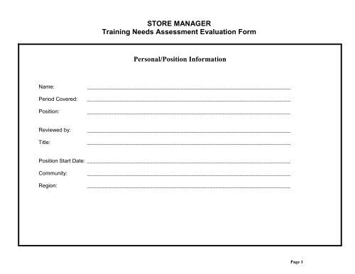 STORE MANAGER Training Needs Assessment Evaluation Form ...