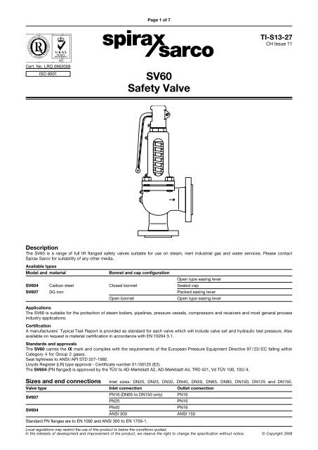 SV60 Safety Valve - Spirax Sarco