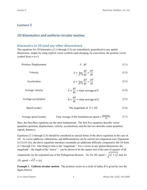 Lecture 5 2D Kinematics and uniform circular motion - Griffin