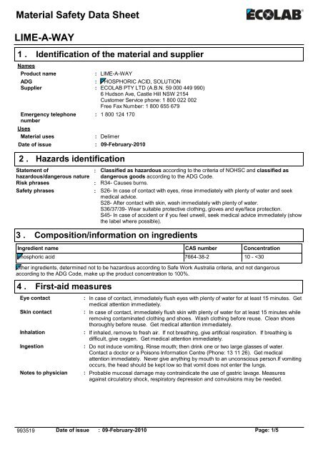 Material Safety Data Sheet LIME-A-WAY - Perth Cleaning Supplies