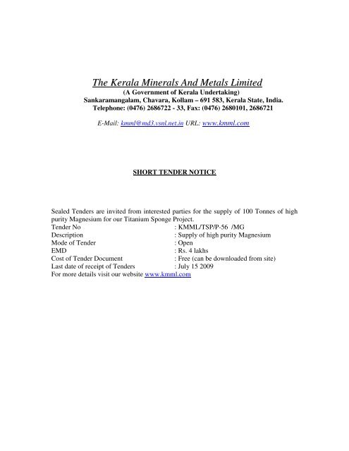 The Kerala Minerals And Metals Limited - Kmml.com