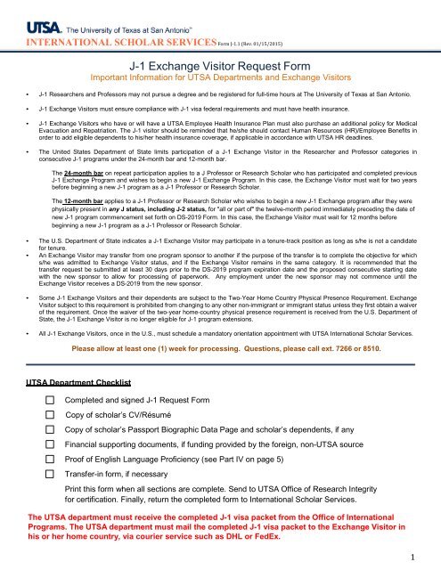 J-1 Exchange Visitor Request Form - UTSA International Gateway