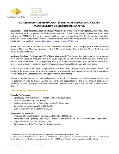 Alacer Files Third Quarter Financial Statements and ... - Alacer Gold