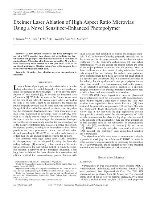 Excimer Laser Ablation of High Aspect Ratio Microvias Using a ...