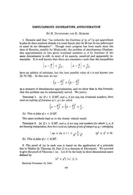Simultaneous Diophantine approximation - CARMA