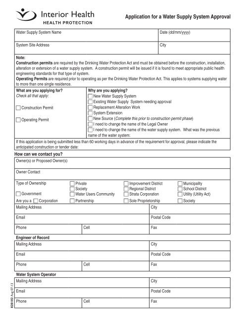 Application for a Water Supply System Approval - Interior Health ...