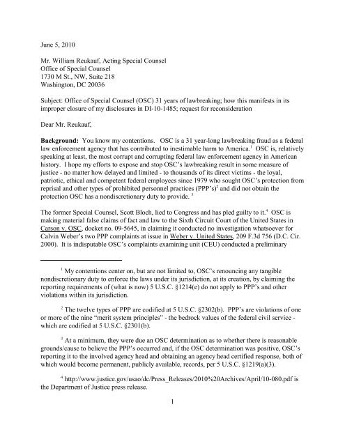 Carson letter to OSC, requesting reconsideration of disclosure