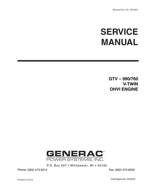 OHVI V-Twin Engine Service Manual for Model - Generac Parts