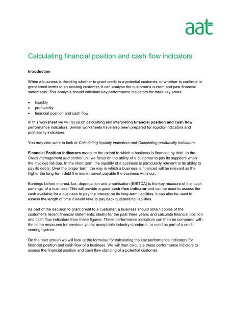 Calculating financial position and cash flow indicators - AAT