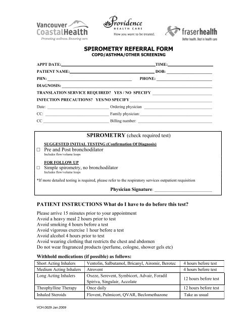 SPIROMETRY REFERRAL FORM - Fraser Health Authority