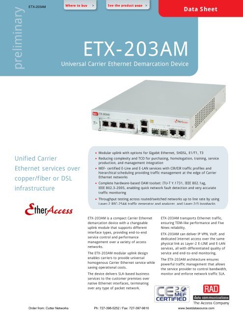 Product data sheet for the ETX-203AM (pdf) - Cutter Networks