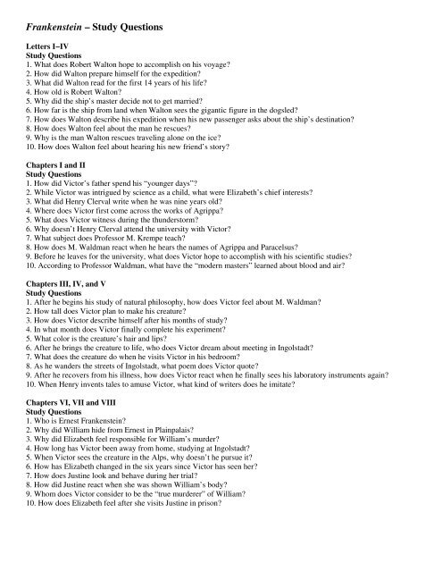 Frankenstein â Study Questions