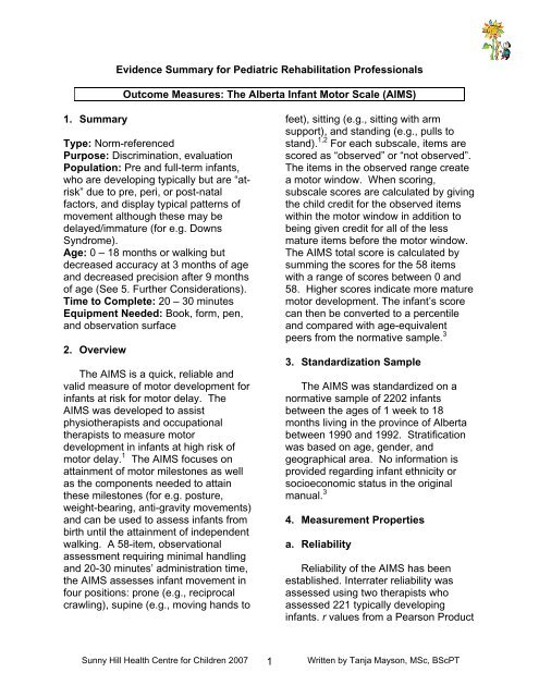Evidence Summary: Alberta Infant Motor Scale (AIMS) - Therapy BC