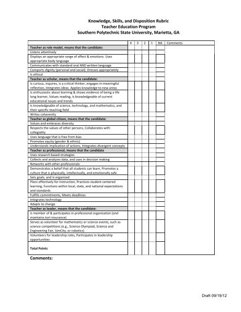 Knowledge, Skills, & Dispositions rubric - Southern Polytechnic ...
