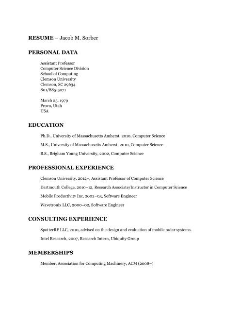 Jacob M. Sorber: Curriculum Vitae - Clemson University