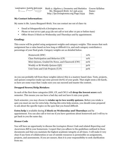 Course Syllabus and Expectations Math 2