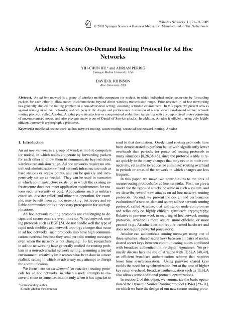 Ariadne A Secure On Demand Routing Protocol For Ad Hoc Networks