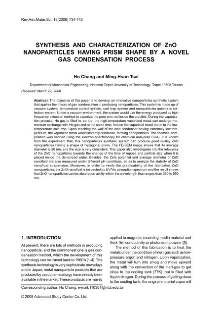 SYNTHESIS AND CHARACTERIZATION OF ZnO NANOPARTICLES