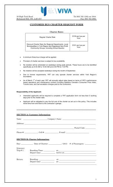 CUSTOMER BUS CHARTER REQUEST FORM - York Region Transit