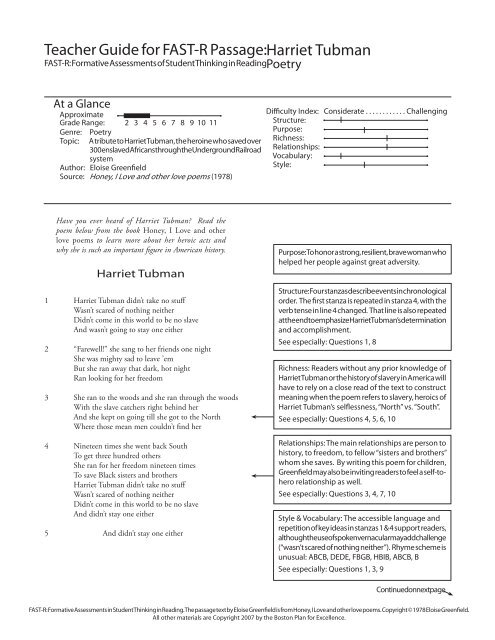 Teacher guide for fast-r passage: harriet tubman poetry