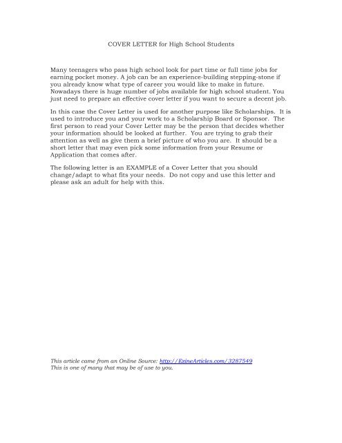COVER LETTER for High School Students - Argonaut High School ...