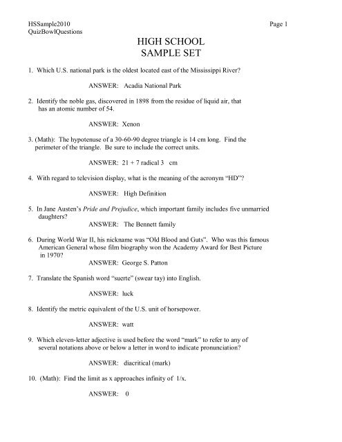 HIGH SCHOOL SAMPLE SET - Quiz Bowl Questions HIGH SCHOOL SAMPLE SET - Quiz Bowl Questions
