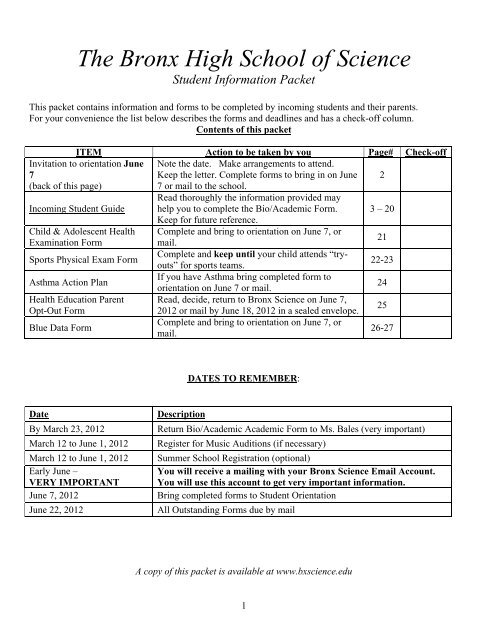 Accepted Student Packet - The Bronx High School of Science