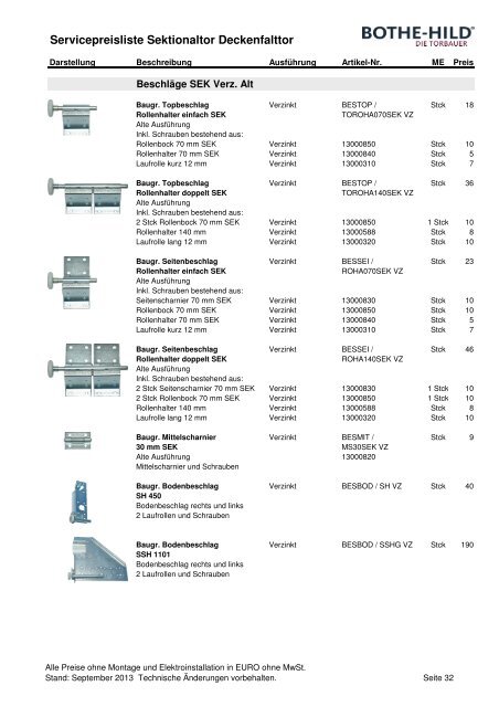Servicepreisliste Sektion