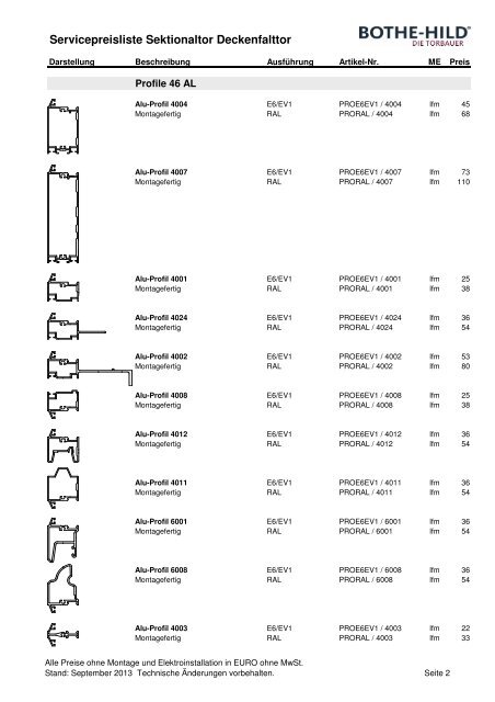 Servicepreisliste Sektion