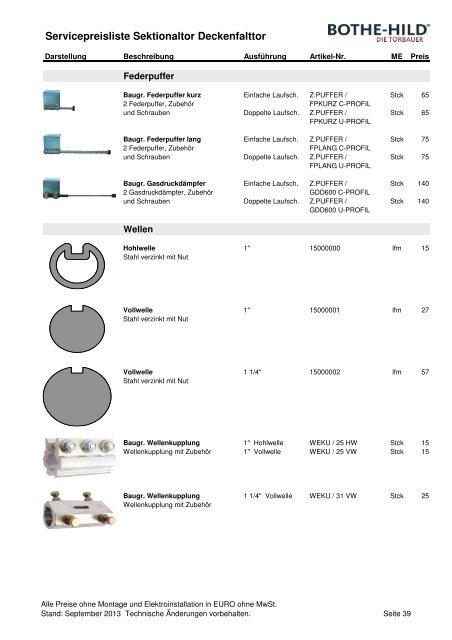 Servicepreisliste Sektion
