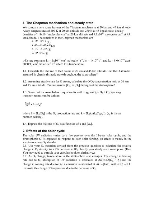 1. The Chapman mechanism and steady state 2. Effects of the solar ...