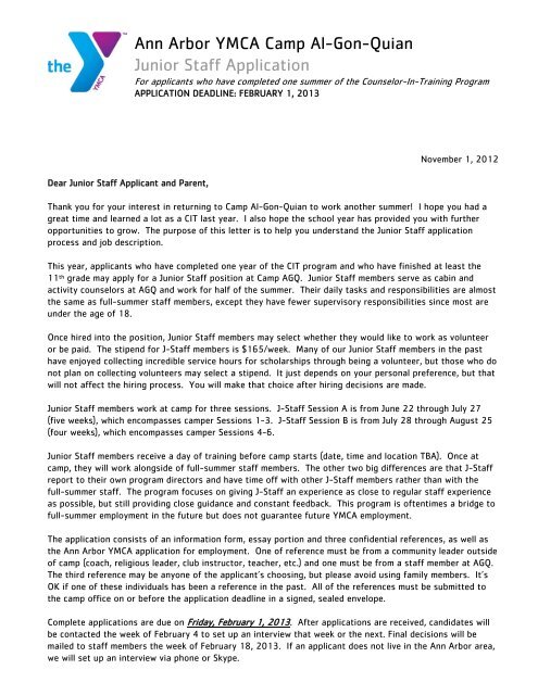 Ann Arbor YMCA Camp Al-Gon-Quian Junior Staff Application