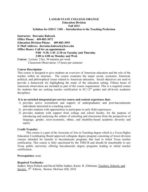 EDUC 1301 Syllabus - Lamar State College-Orange