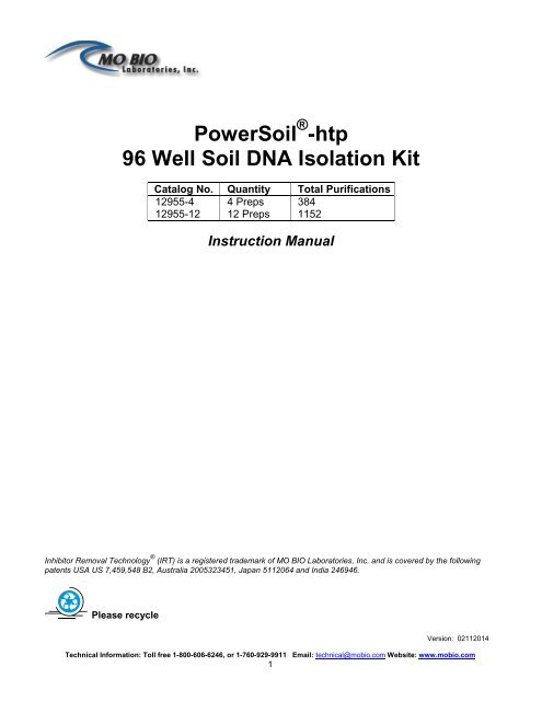 PowerSoil -htp 96 Well Soil DNA Isolation Kit - MO BIO Laboratories