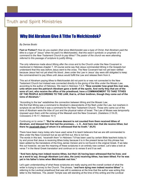 Why Did Abraham Give A Tithe To Melchizedek - Truth and Spirit ...