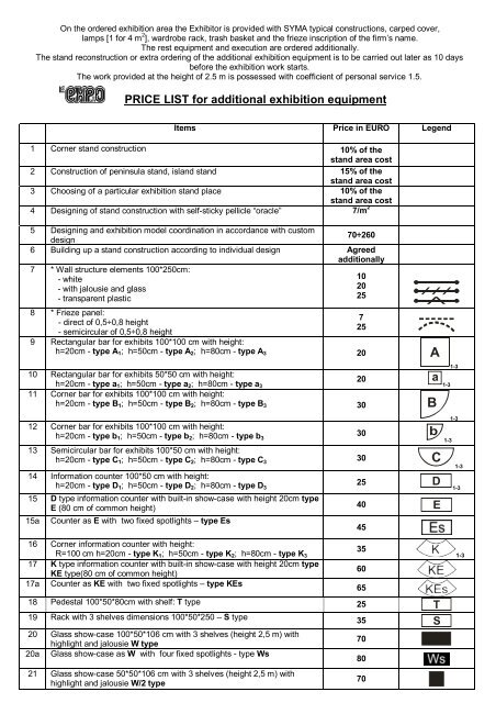 PRICE LIST for additional exhibition equipment D E T S