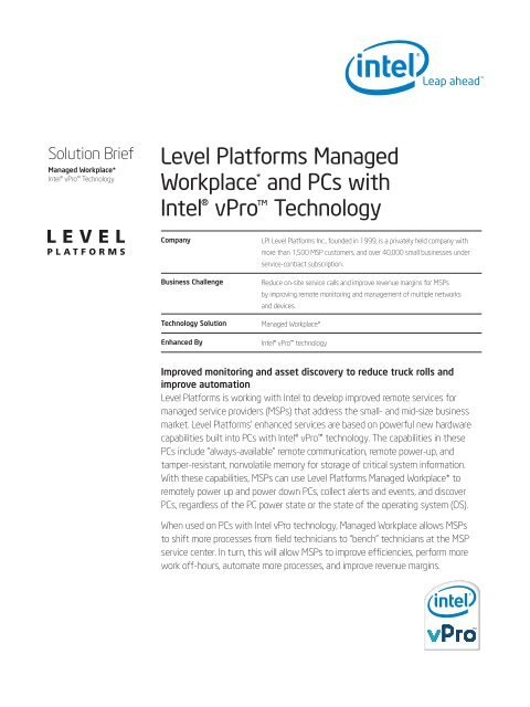 Level Platforms Managed Workplace* and PCs with Intel ... - Intel MSP