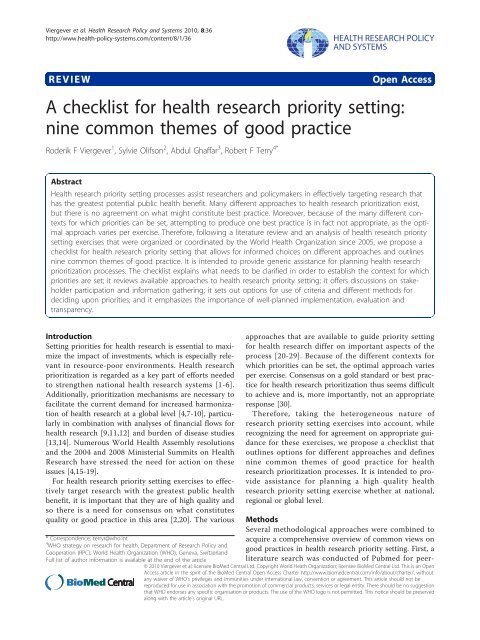 A checklist for health research priority setting: nine common themes ...