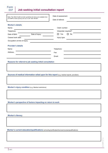 Job seeking initial consultation report Form 037 - Q-Comp