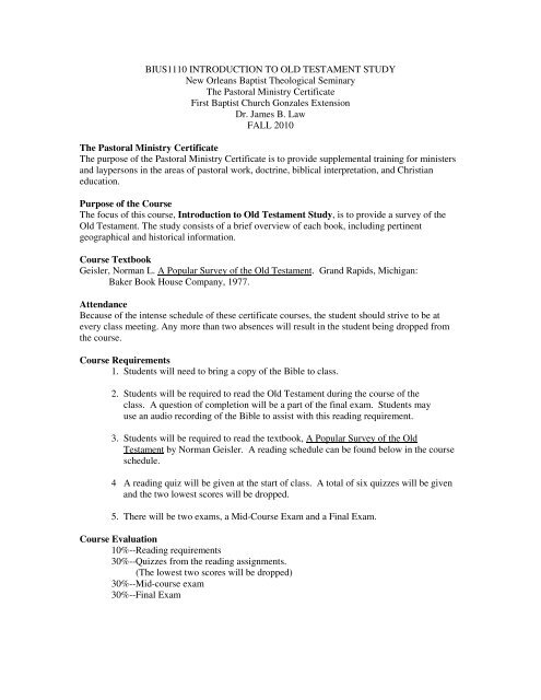 INTRODUCTION TO OLD TESTAMENT STUDY Syllabus