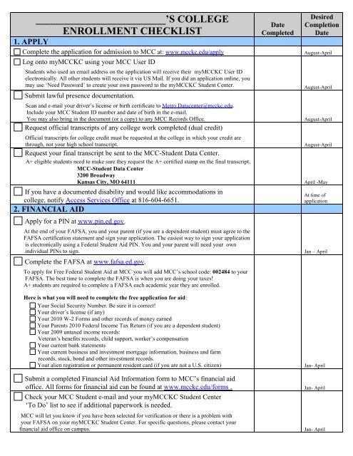 MCC A+ Student Enrollment Checklist