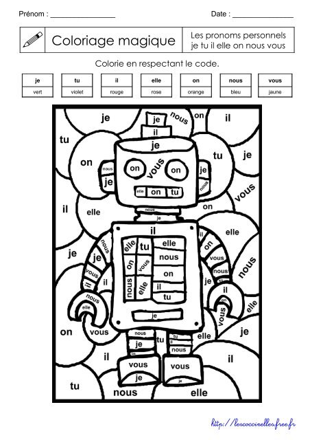 Coloriage magique pronoms personnels - Les coccinelles